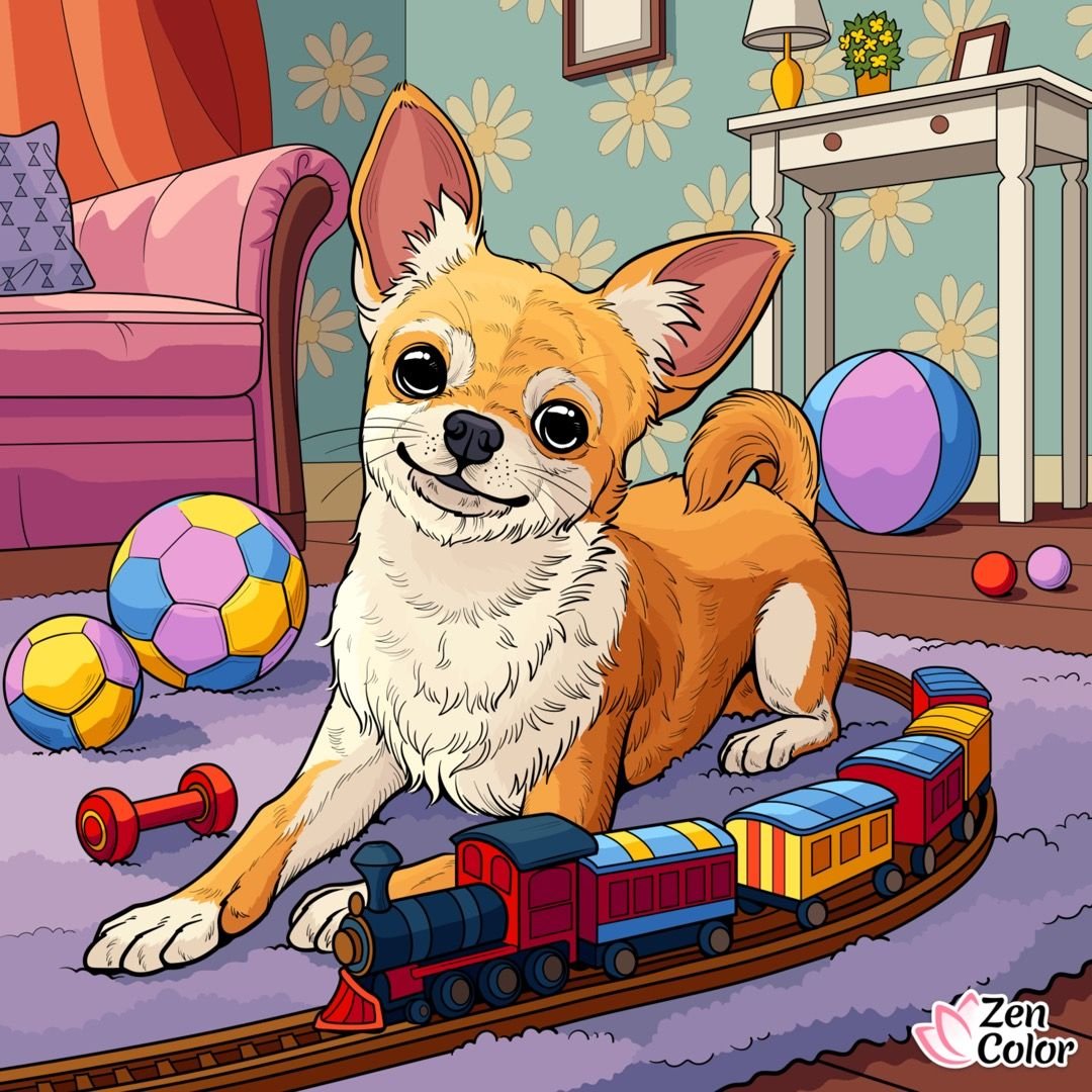 Solve PUZZLE - Dog By Toy Train jigsaw puzzle online with 81 pieces