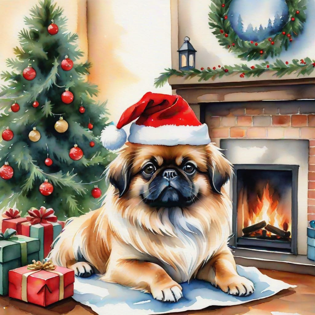 Solve Christmas Pekingese jigsaw puzzle online with 100 pieces