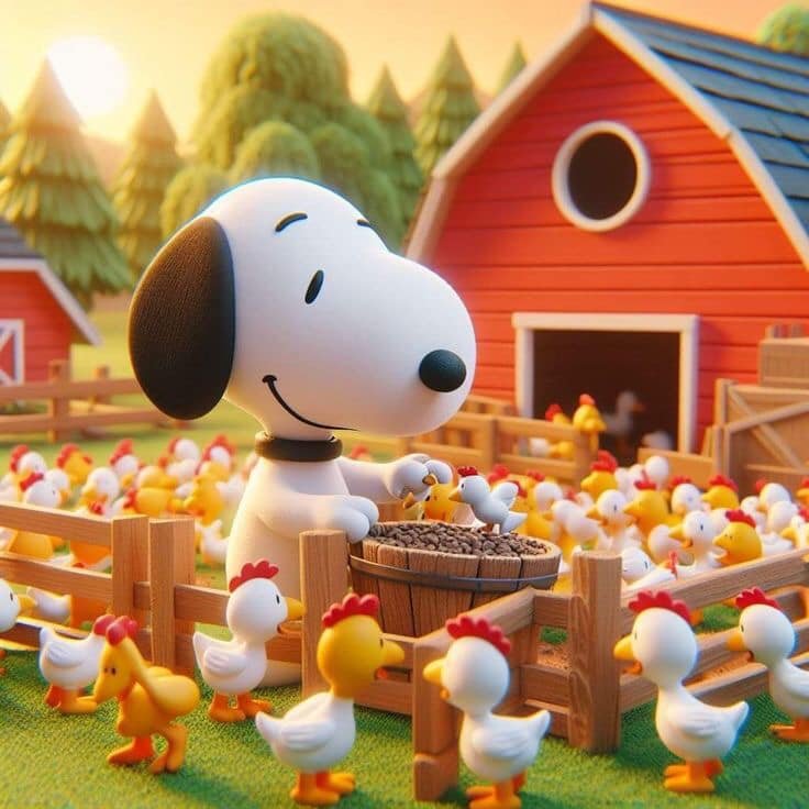 Solve Snoopy on chicken farm jigsaw puzzle online with 36 pieces