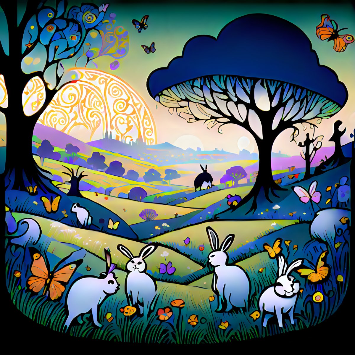 Solve A bright morning meadow in springtime in the style of Mucha's A ...