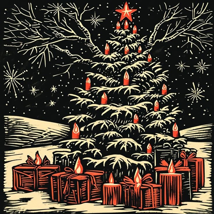 Solve Woodcut Christmas Tree Card jigsaw puzzle online with 81 pieces