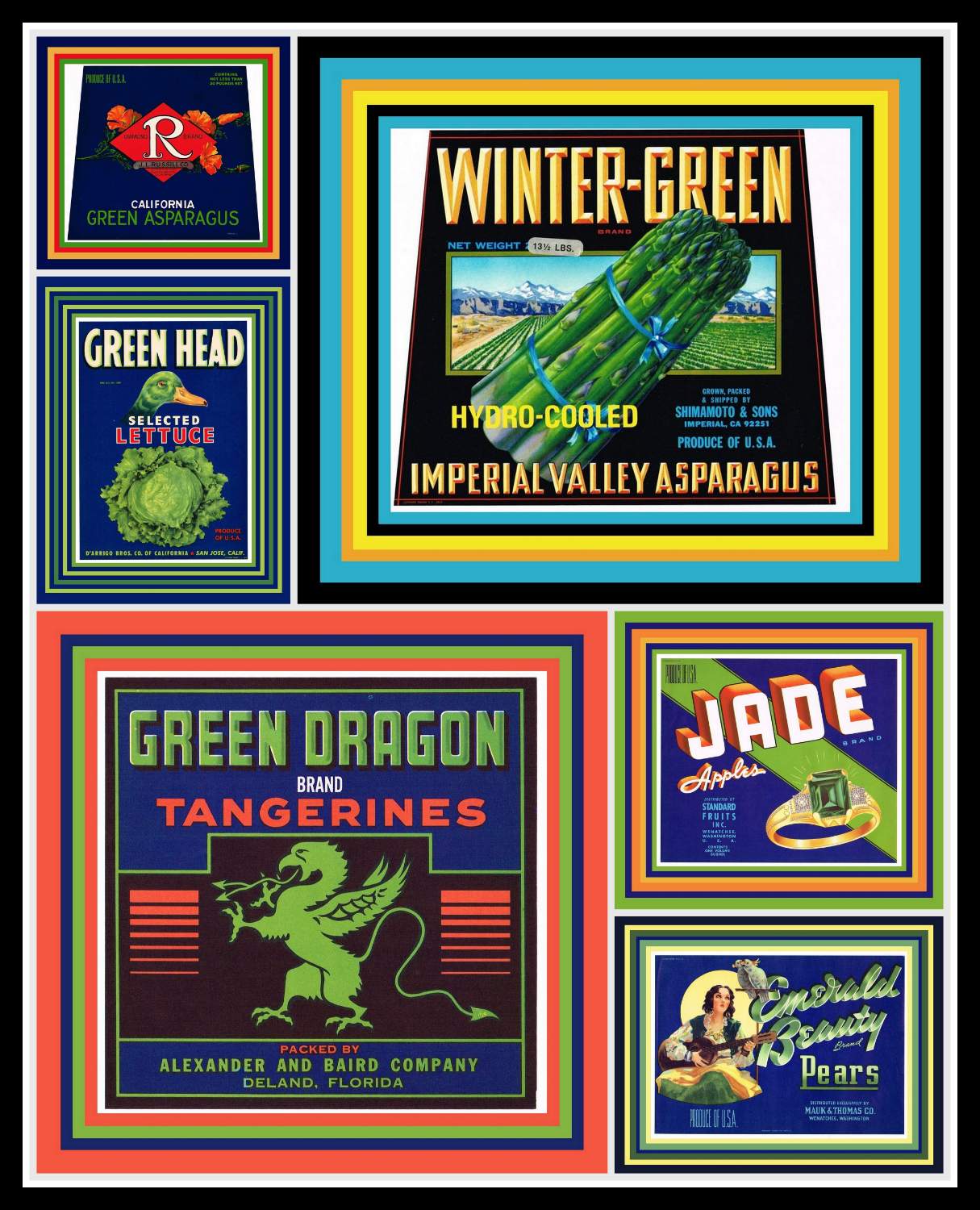 Solve Vintage Fruit Crate Labels GREEN jigsaw puzzle online with 208 pieces