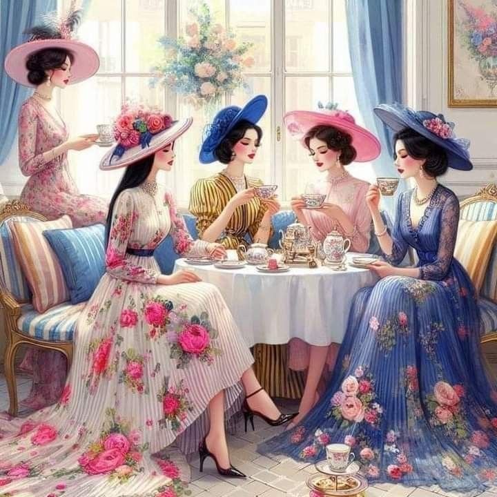 Solve Retro Tea Time with Friends jigsaw puzzle online with 121 pieces