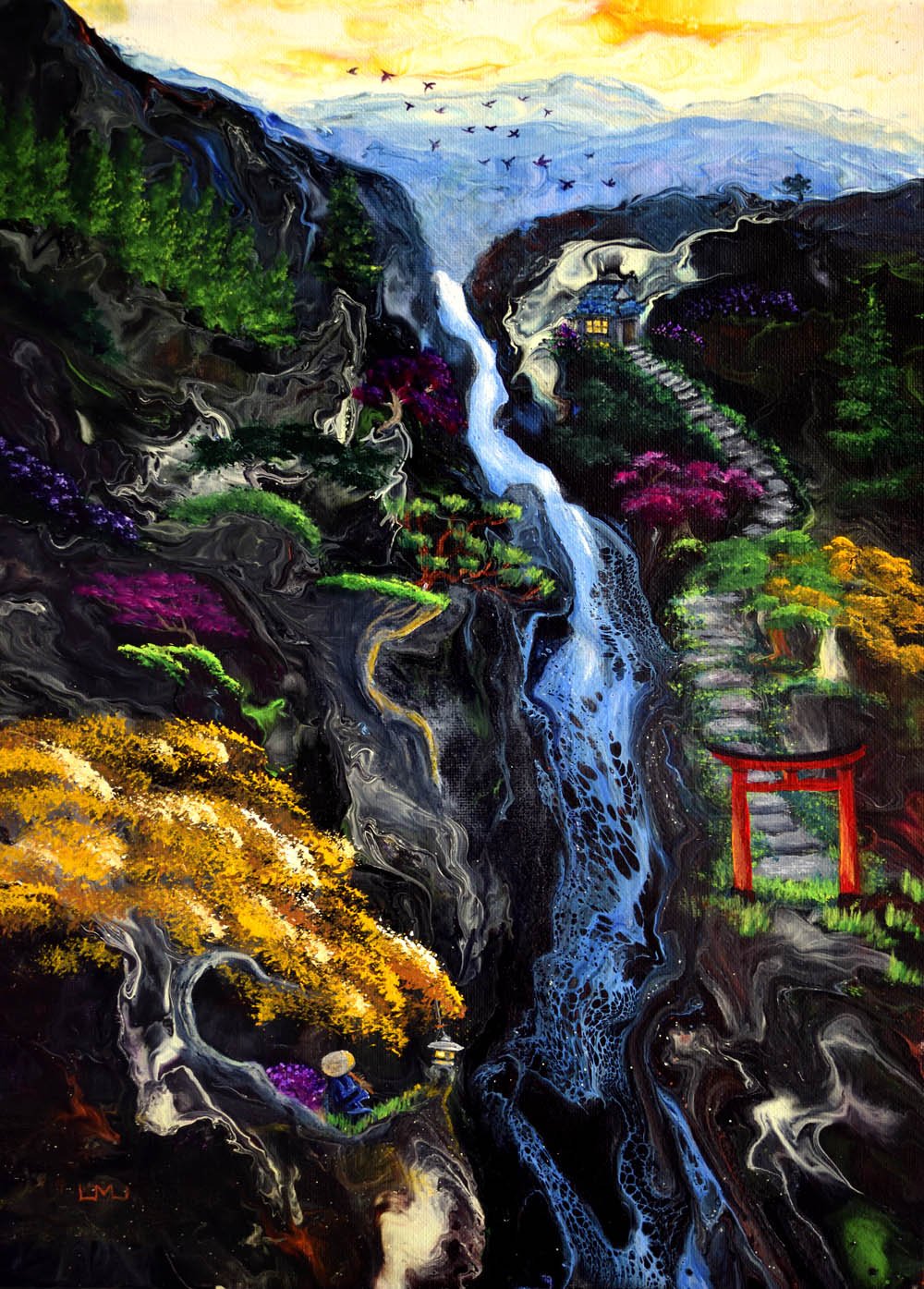 Solve Blue Waterfall Temple Melody jigsaw puzzle online with 140 pieces