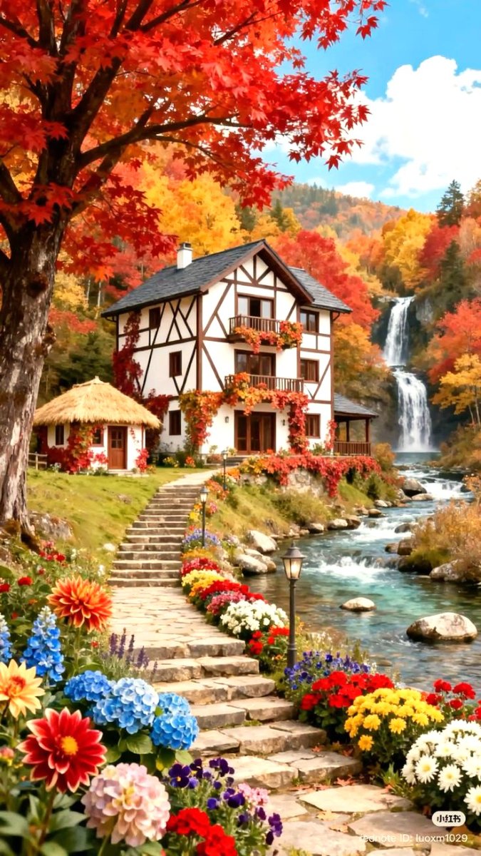 Jigsaw Puzzle | 18 pieces | Autumn House By the Waterfall.... | Jigidi