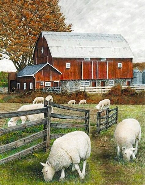 Solve Old Red Barn and the Flock of Sheep.... jigsaw puzzle online with 20 pieces