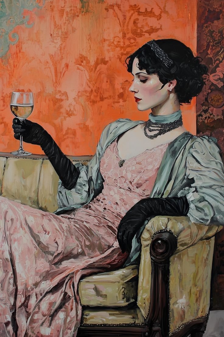 Solve Elegant Woman in Gloves with Glass of Wine ~ nikoart001 jigsaw puzzle online with 234 pieces