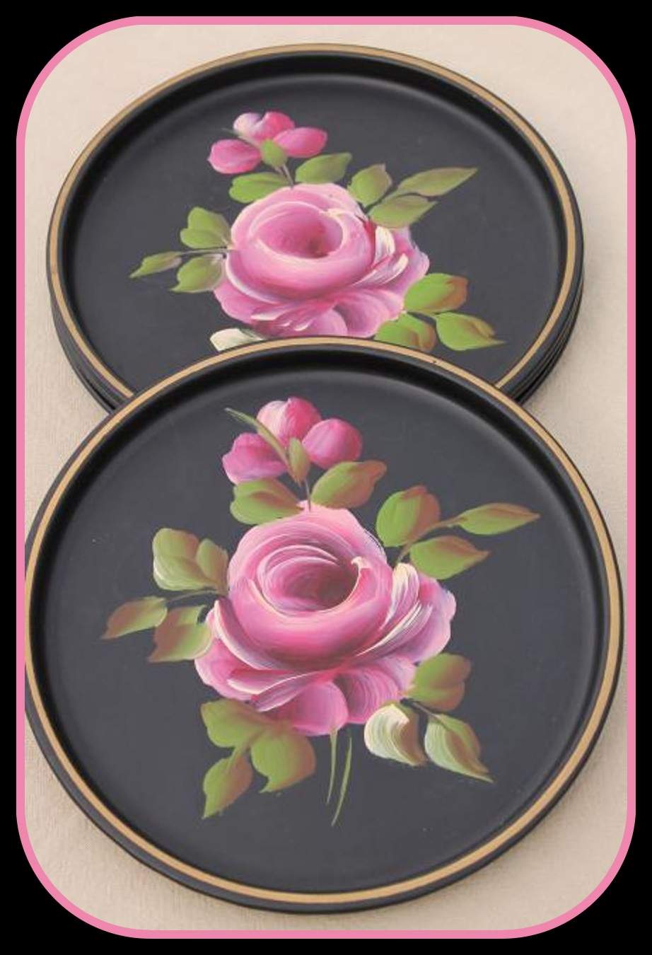Solve Pinknblack Vintage Tole Painted Roses Tray Pair jigsaw puzzle ...