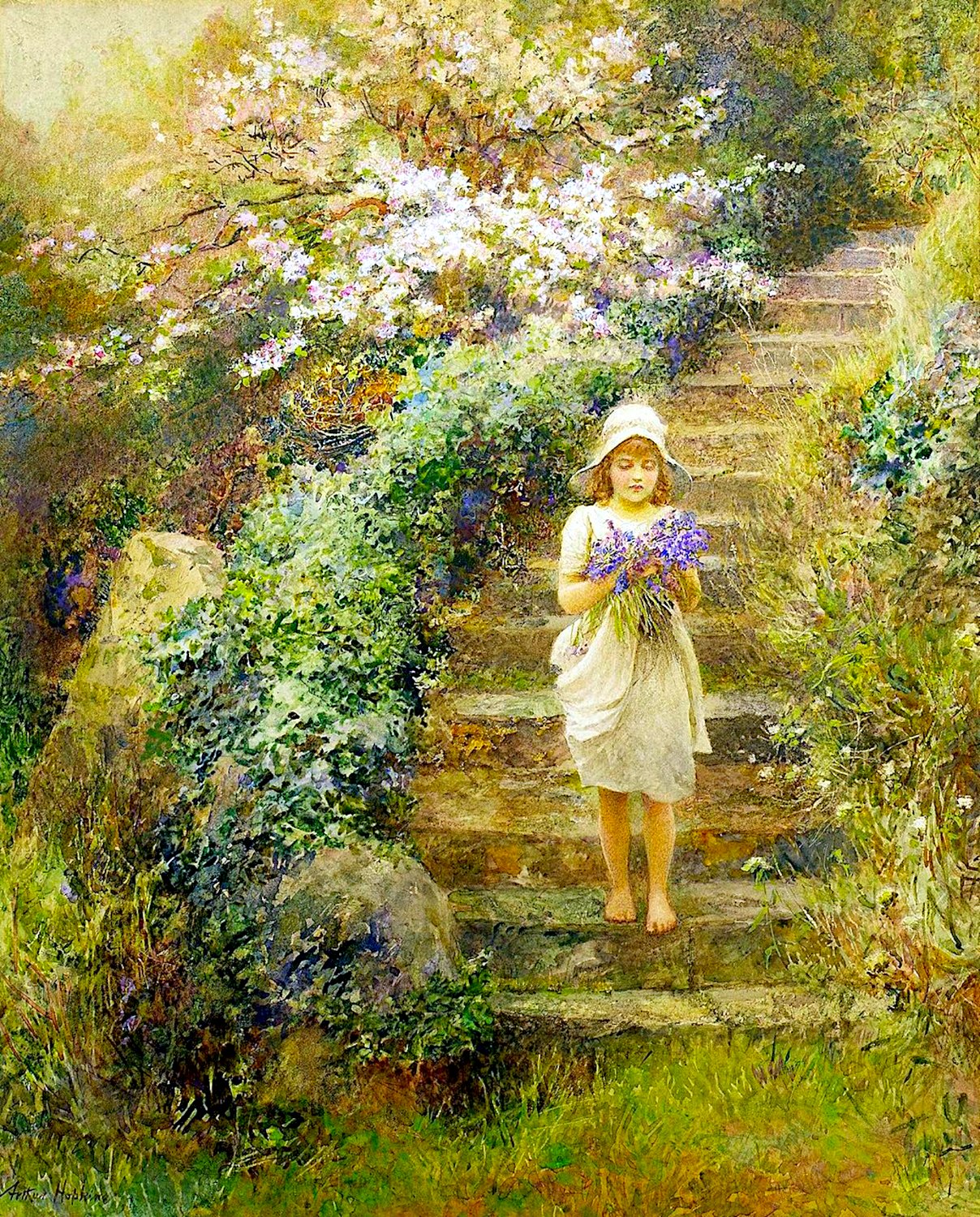 Solve A young girl carrying violets jigsaw puzzle online with 99 pieces