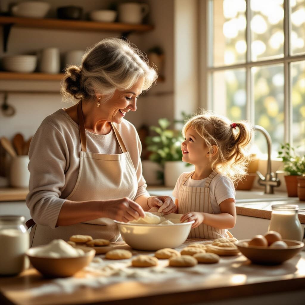 Solve Baking with Grandma jigsaw puzzle online with 49 pieces