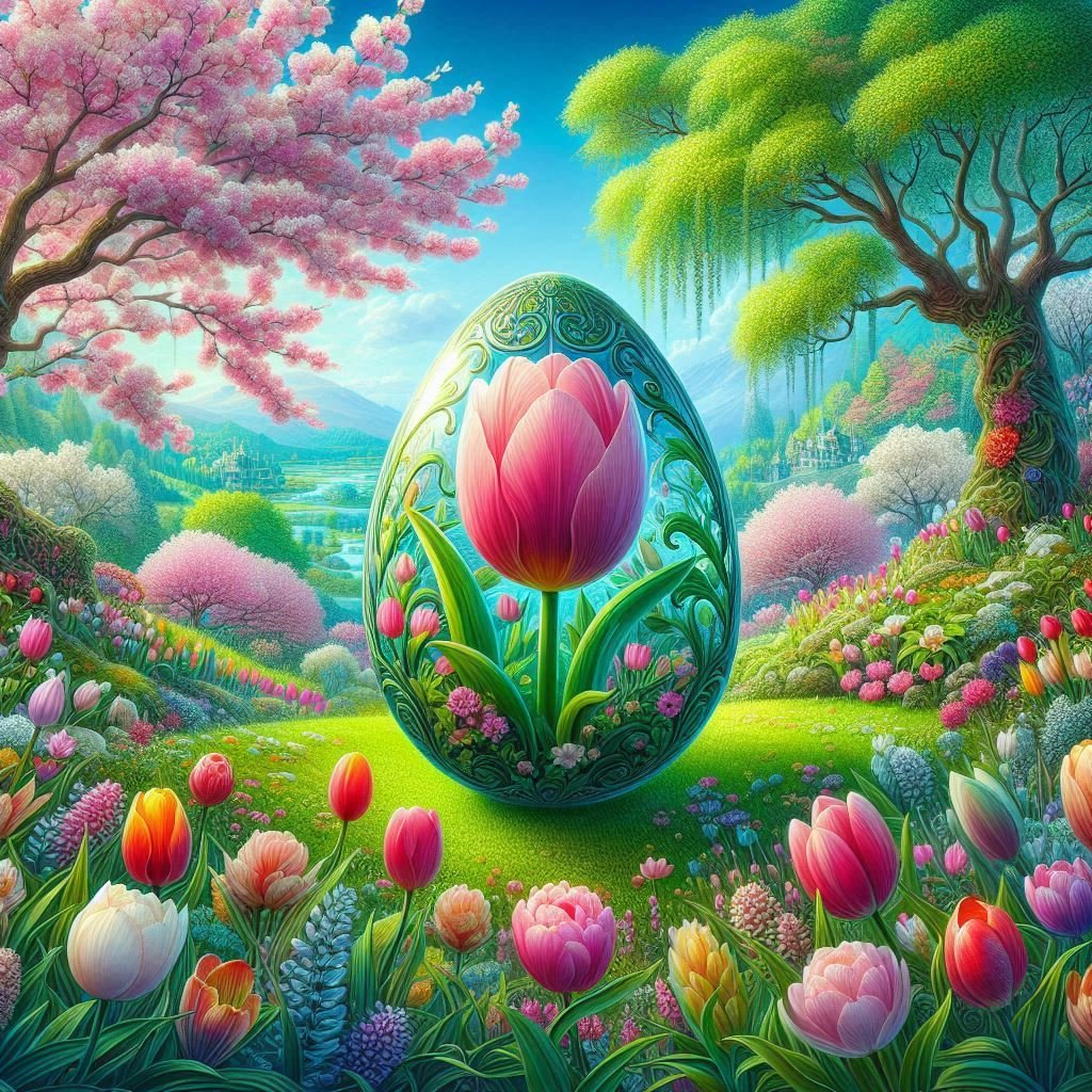 Solve Easter egg in a spring meadow jigsaw puzzle online with 49 pieces