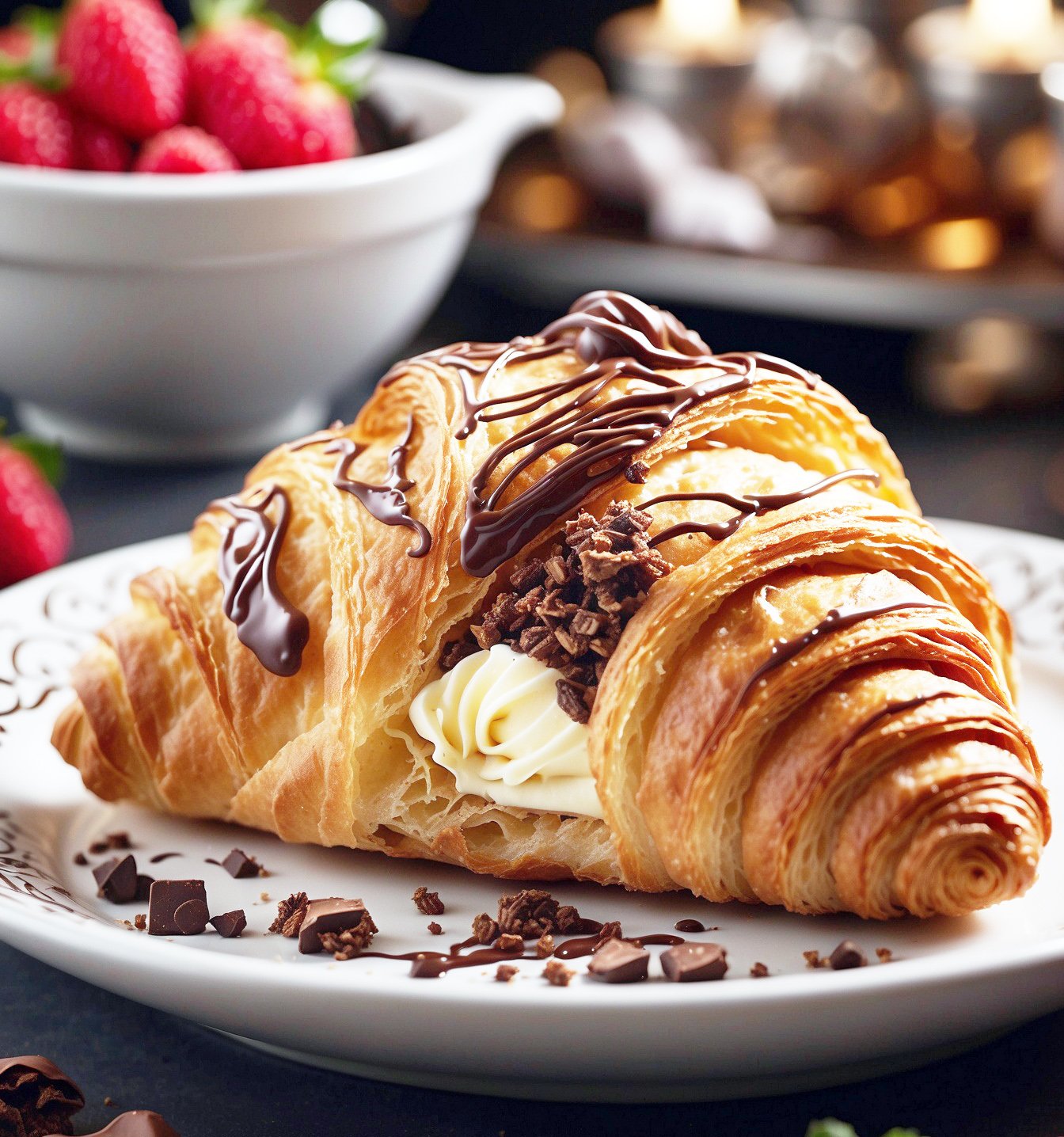 Solve Chocolate Croissant filled with cream, beautifully decorated with ...