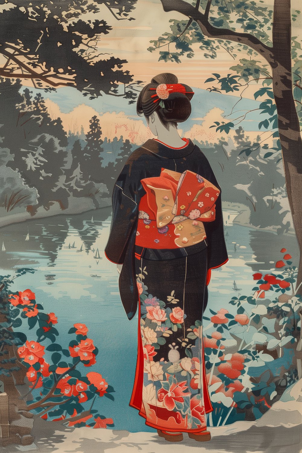 Solve Japanese woodblock print depicting a Japanese woman in a kimono against a background of a ...