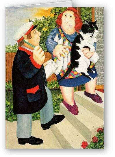 Solve Lady with Cat by Beryl Cook jigsaw puzzle online with 48 pieces