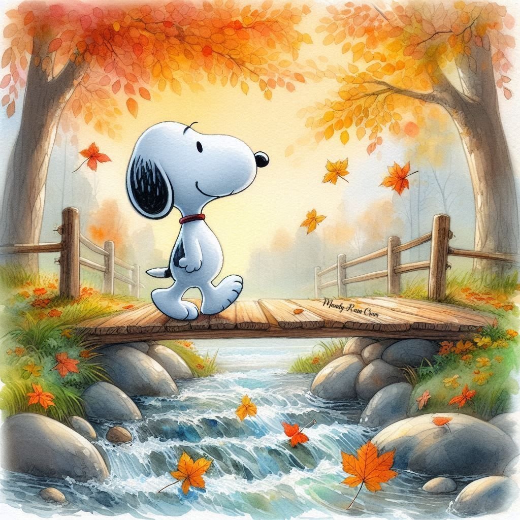 Solve Snoopy on Bridge over Creek jigsaw puzzle online with 64 pieces