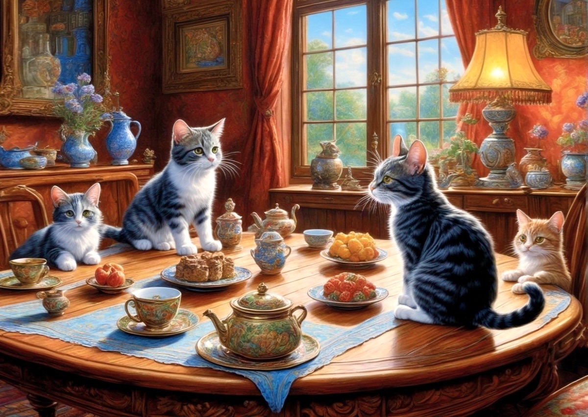 Solve Afternoon Kitty Tea and Gossip jigsaw puzzle online with 165 pieces