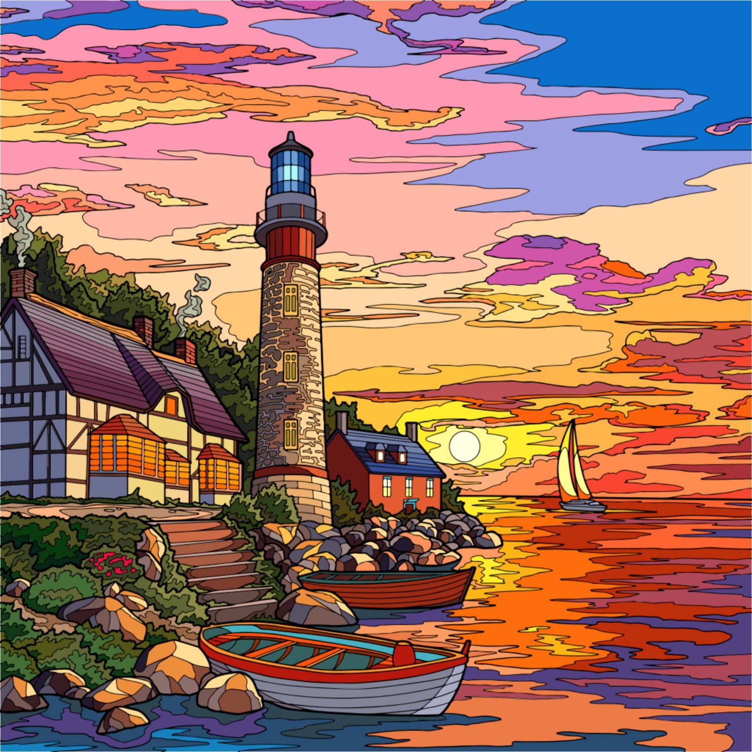 Solve PUZZLE - Lighthouse At Sunset IV jigsaw puzzle online with 81 pieces