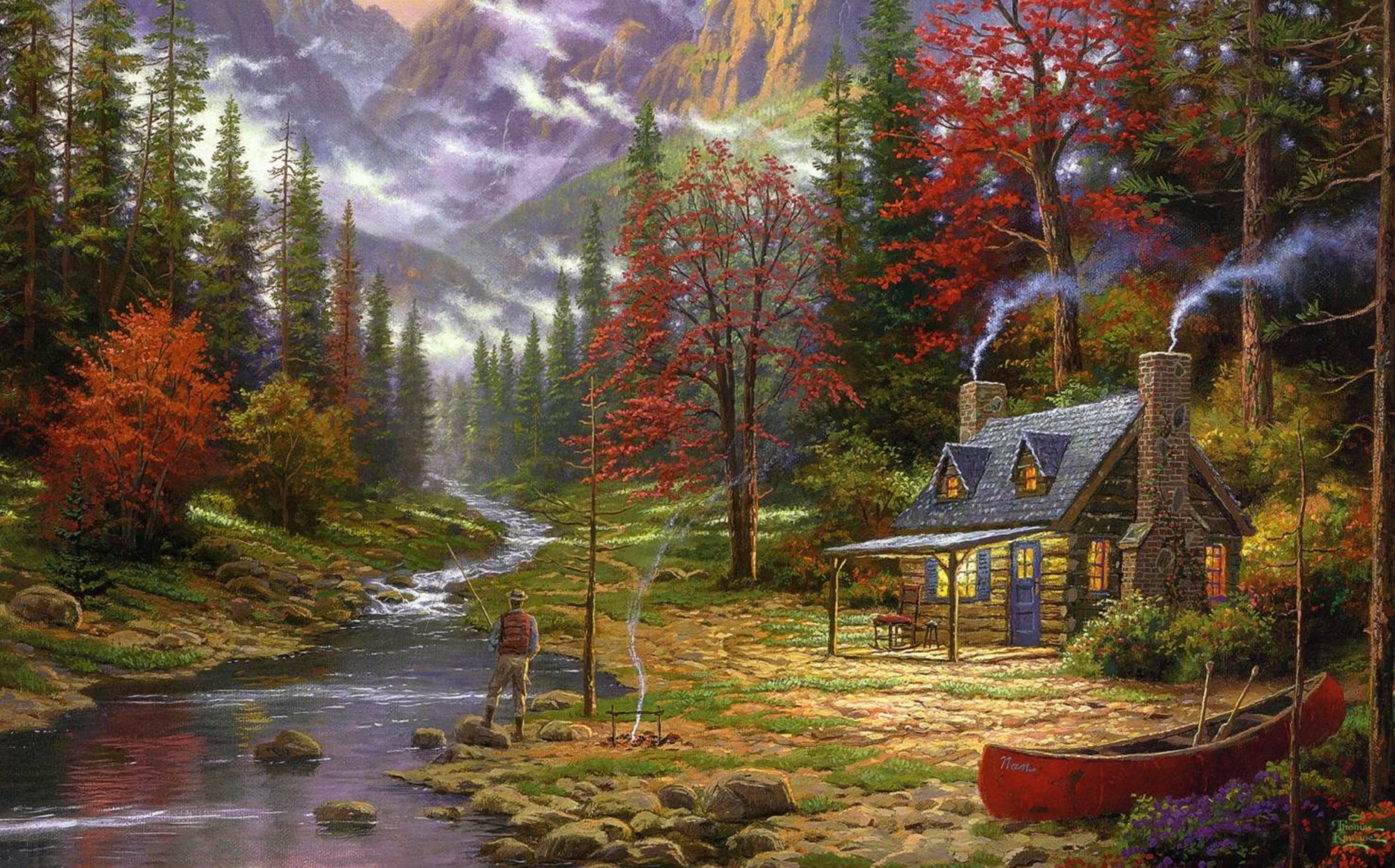 Jigsaw Puzzle | 104 pieces | Rustic cabin by a river, with a man ...