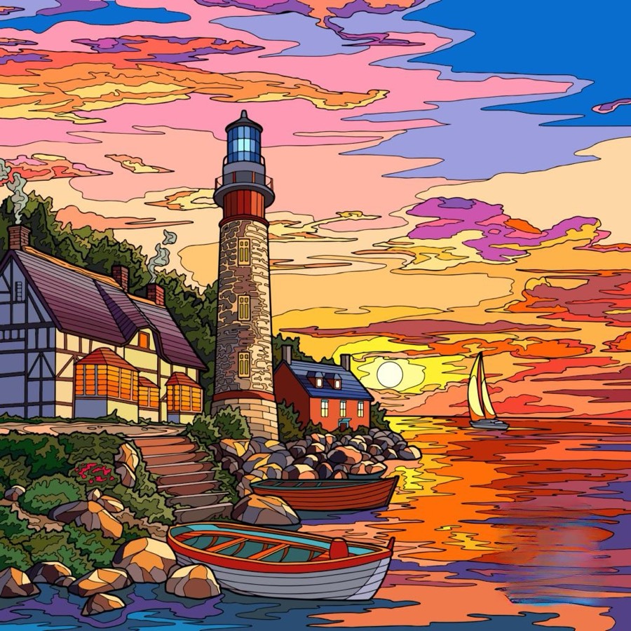 Solve Lighthouse Sunset jigsaw puzzle online with 64 pieces