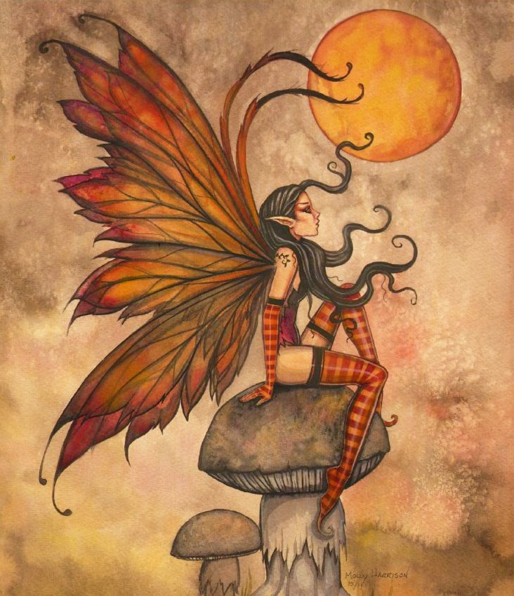 Solve Artist~ Molly Harrison "Yellow Moon of Autumn Fairy" jigsaw puzzle online with 90 pieces