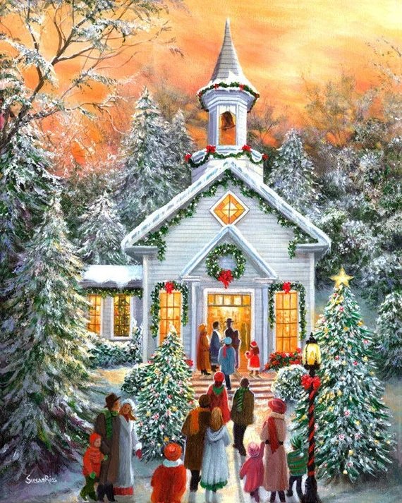 Jigsaw Puzzle | 63 pieces | Glittery Winter Church Christmas Eve | Jigidi