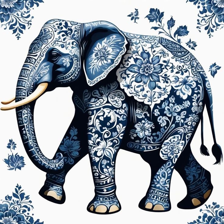 Jigsaw Puzzle | 16 pieces | Folk Art Nouveau - Blue & White Elephant ...