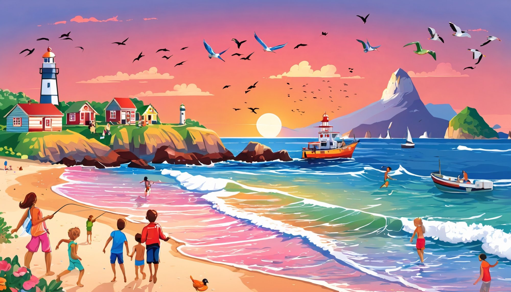 Jigsaw Puzzle | 66 pieces | Cabin, Sea, beach, lighthouse, mountain and ...