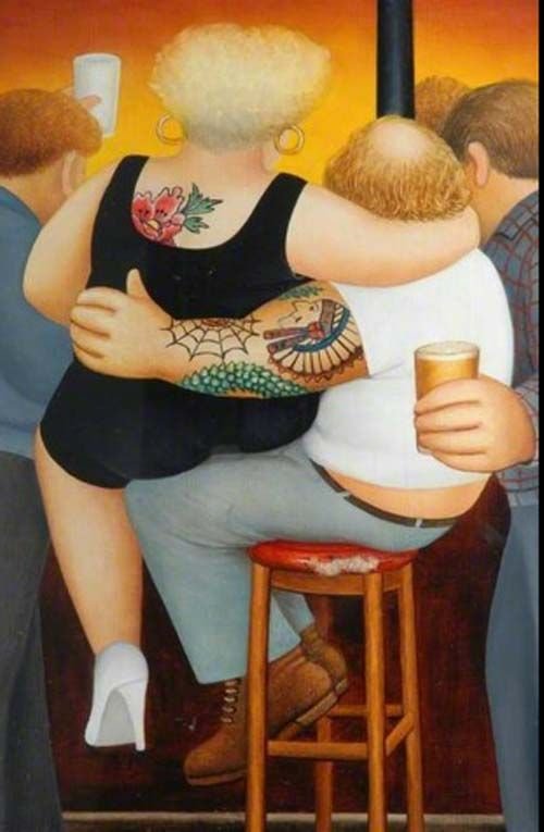 Solve Beryl Cook Two on a Stool 1991 jigsaw puzzle online with 40 pieces