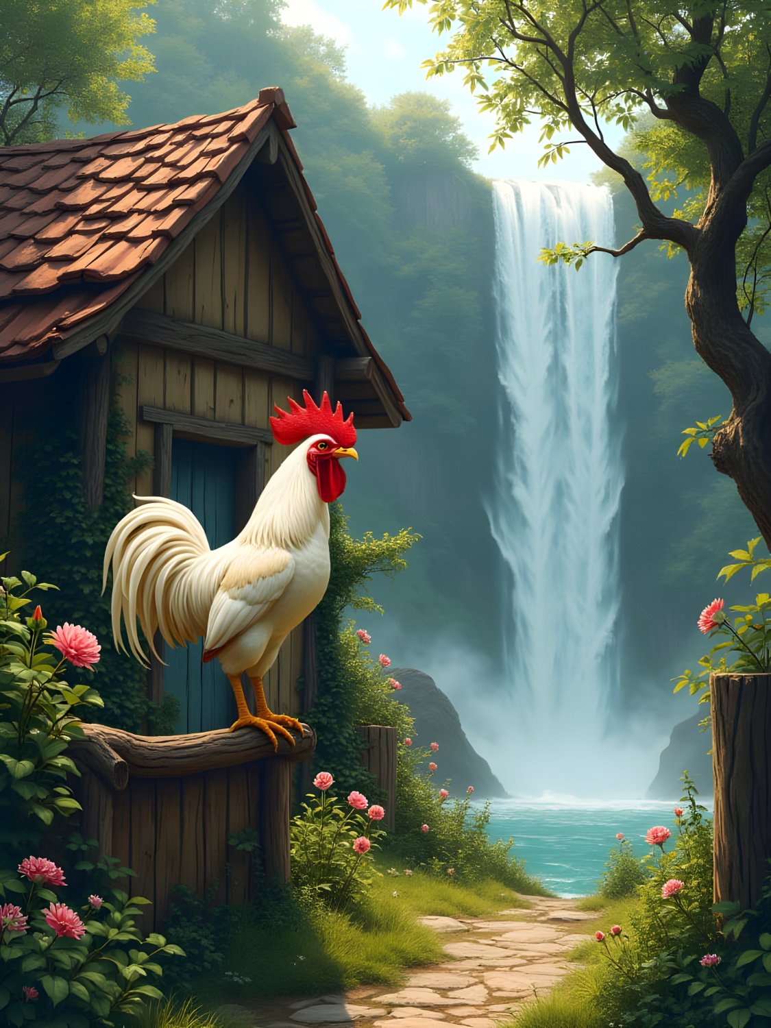 Solve Cabin Near Waterfall with Rooster jigsaw puzzle online with 300 ...