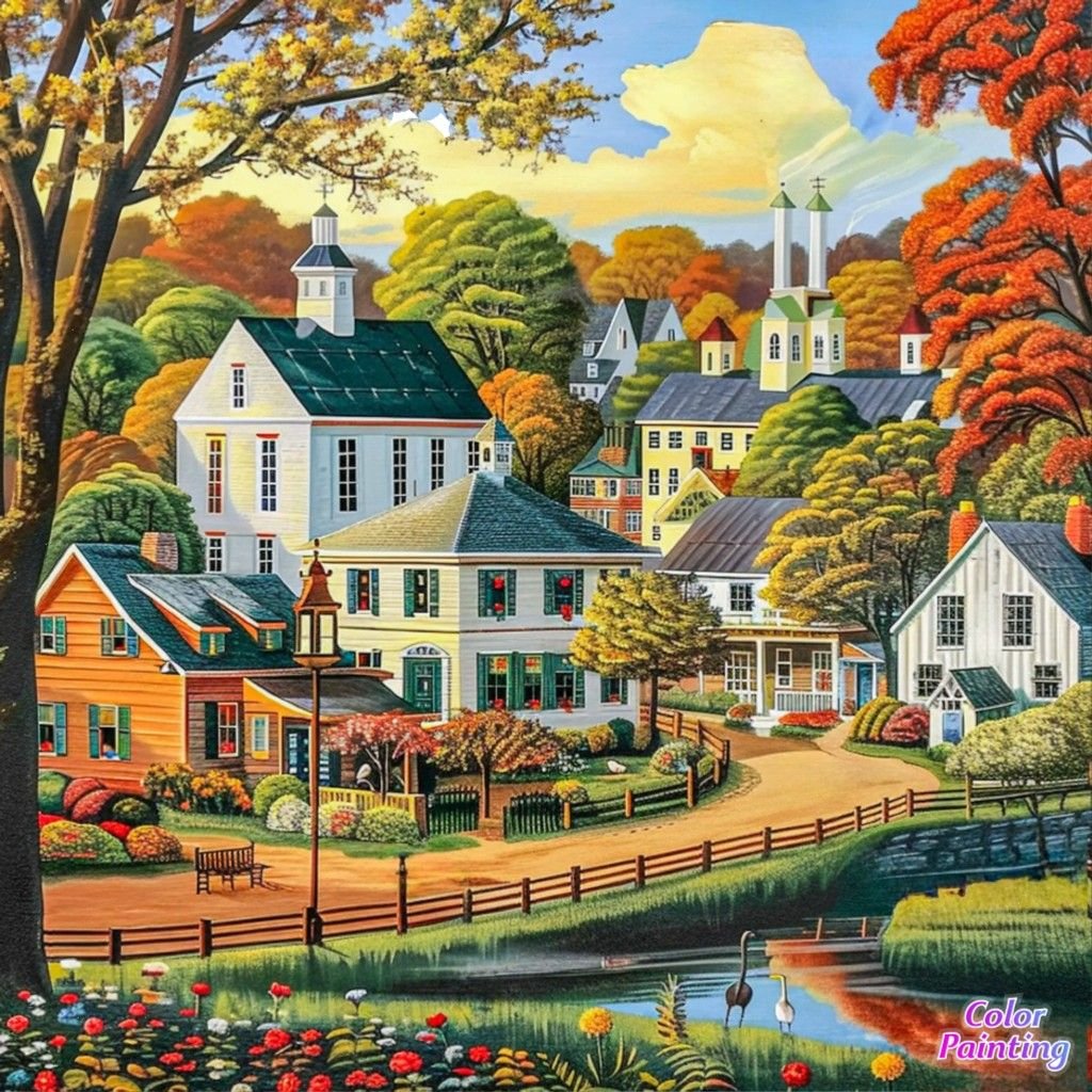 Solve PUZZLE - Country Town In The Fall jigsaw puzzle online with 81 pieces