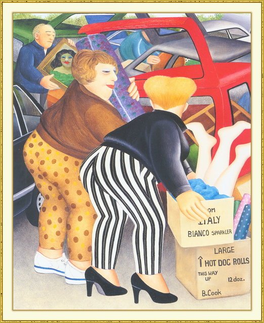Solve Beryl Cook - Car Boot Sale jigsaw puzzle online with 56 pieces