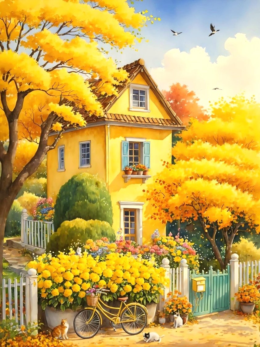 Solve Another Different Yellow House, and Yellow Bike With a Dog and Two Cats.... jigsaw puzzle ...