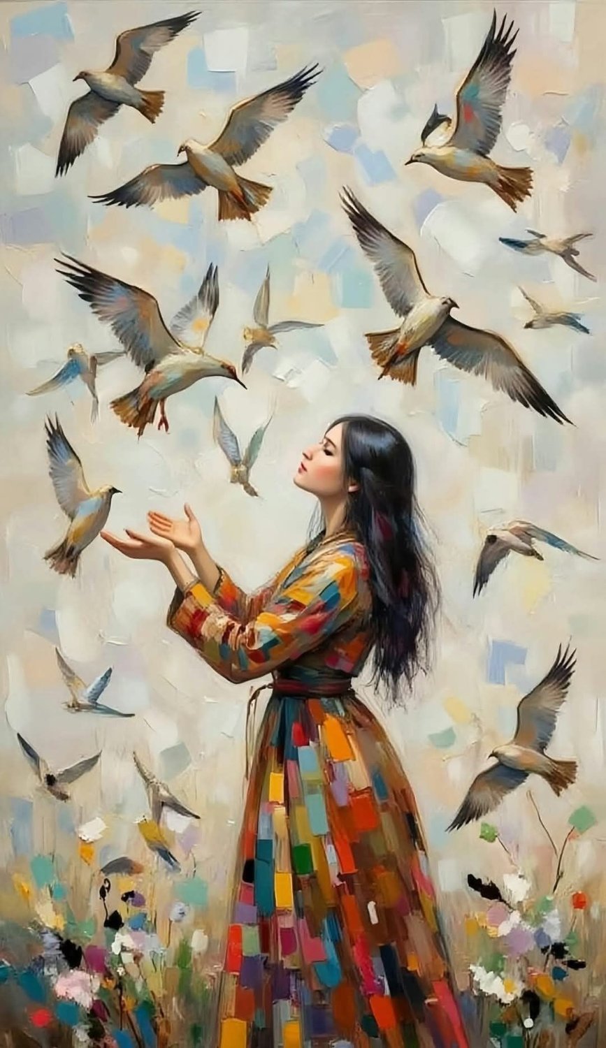 Solve Lady and the birds *+ jigsaw puzzle online with 240 pieces