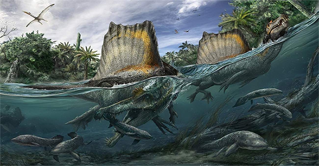 Solve spinosaurus hunting fish jigsaw puzzle online with 162 pieces