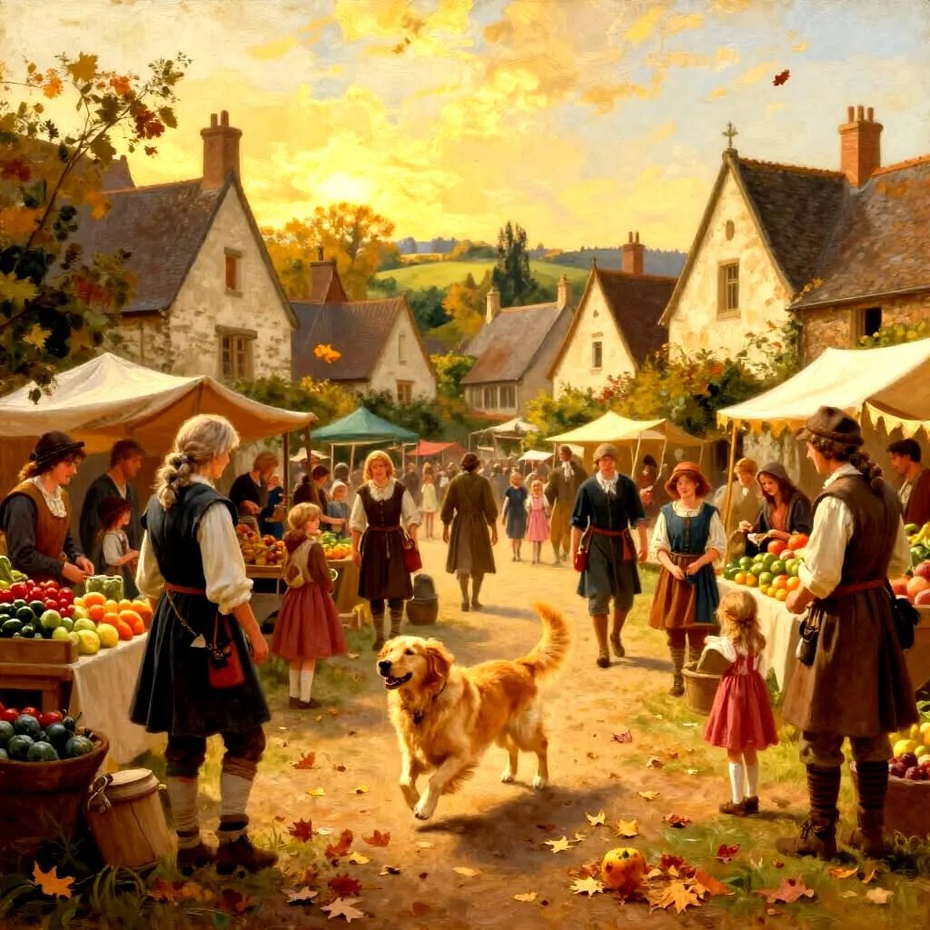 Solve A bustling medieval village square during a harvest festival ...