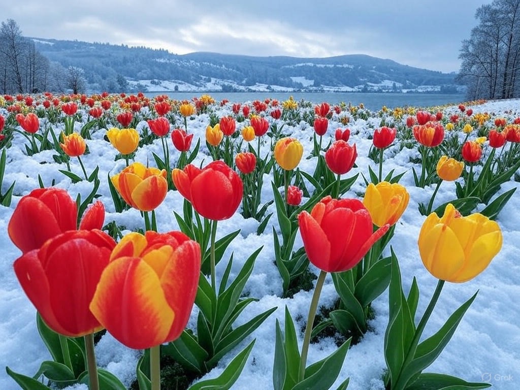 Solve Tulips in winter jigsaw puzzle online with 130 pieces