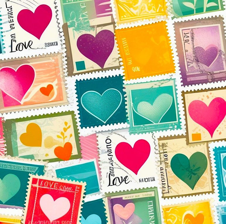 Solve Love postage stamps pattern jigsaw puzzle online with 100 pieces