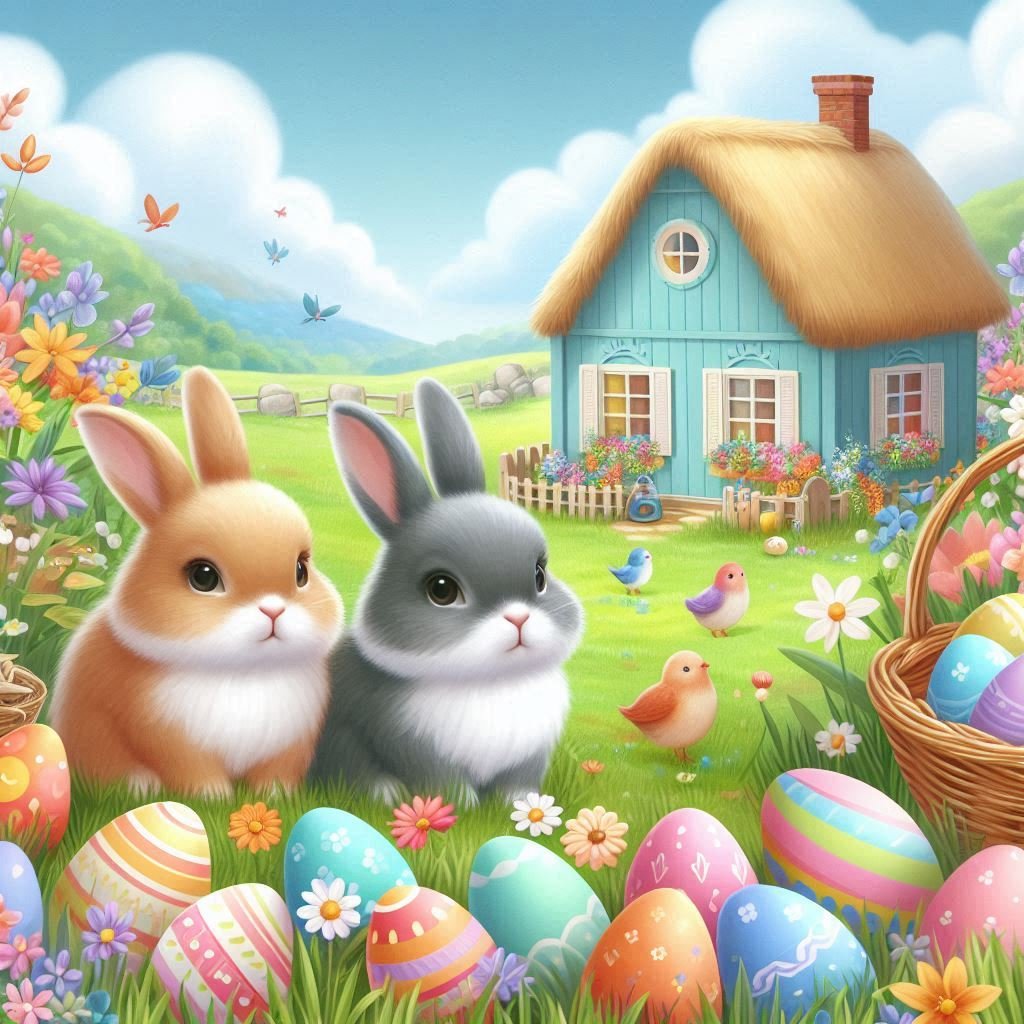 Solve Easter Bunnies jigsaw puzzle online with 49 pieces