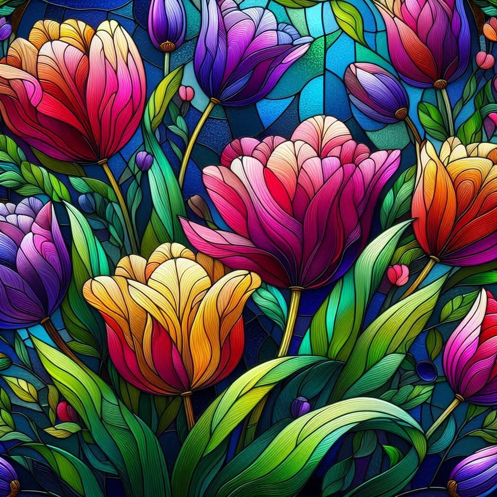 Solve Stained glass tulips (resize 9 to 306 pieces) jigsaw puzzle ...