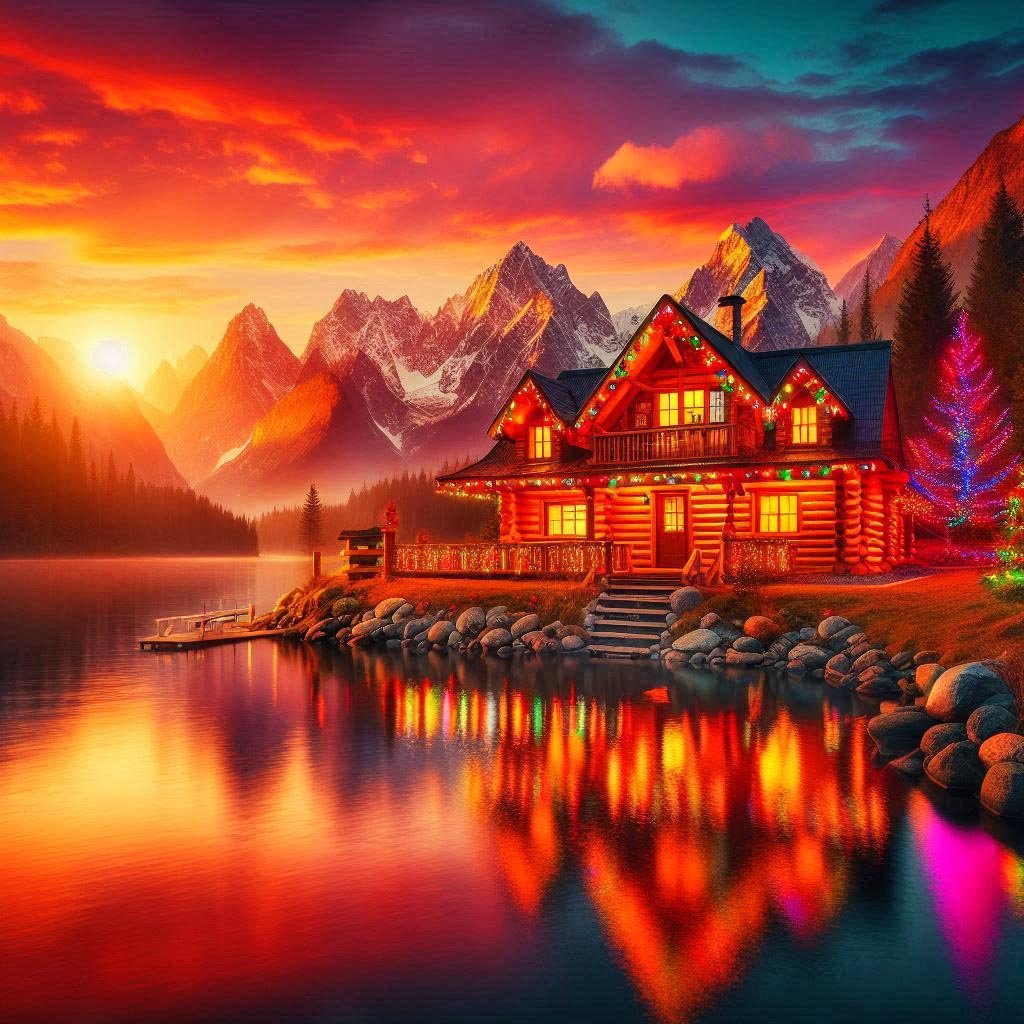 Solve sunset at the log cabin home in the mountains jigsaw puzzle ...