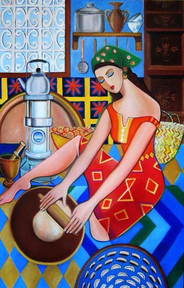 Solve Nadia Osi Art - 'Making Saj Bread' jigsaw puzzle online with 60 ...