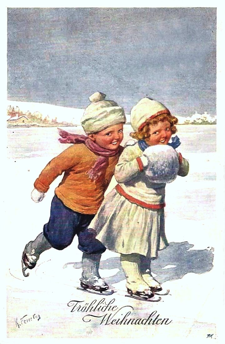 Solve Two Children Ice Skating, ca 1920, postcard by Karl Feiertag ...