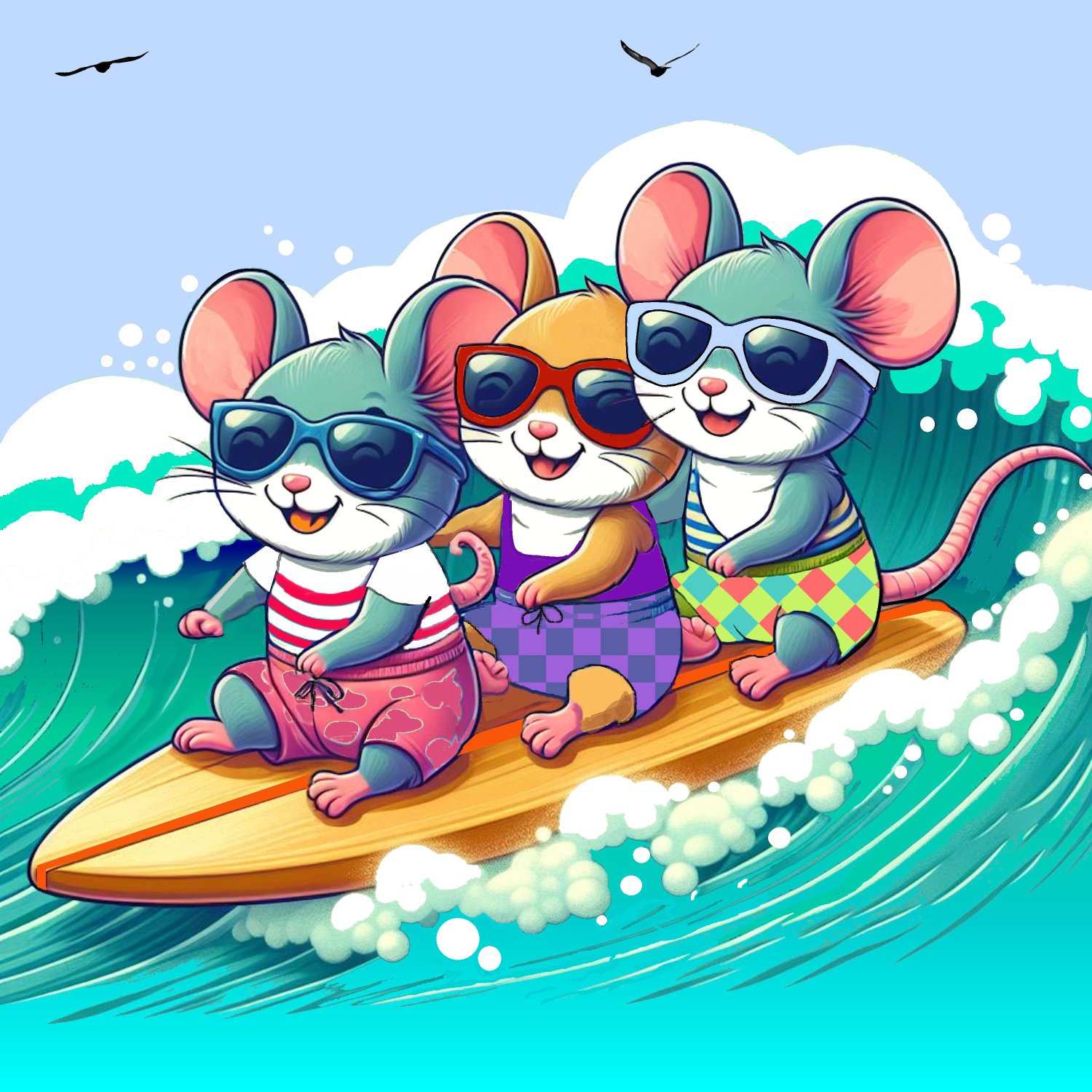 Solve MICE ON A SURFBOAD jigsaw puzzle online with 225 pieces