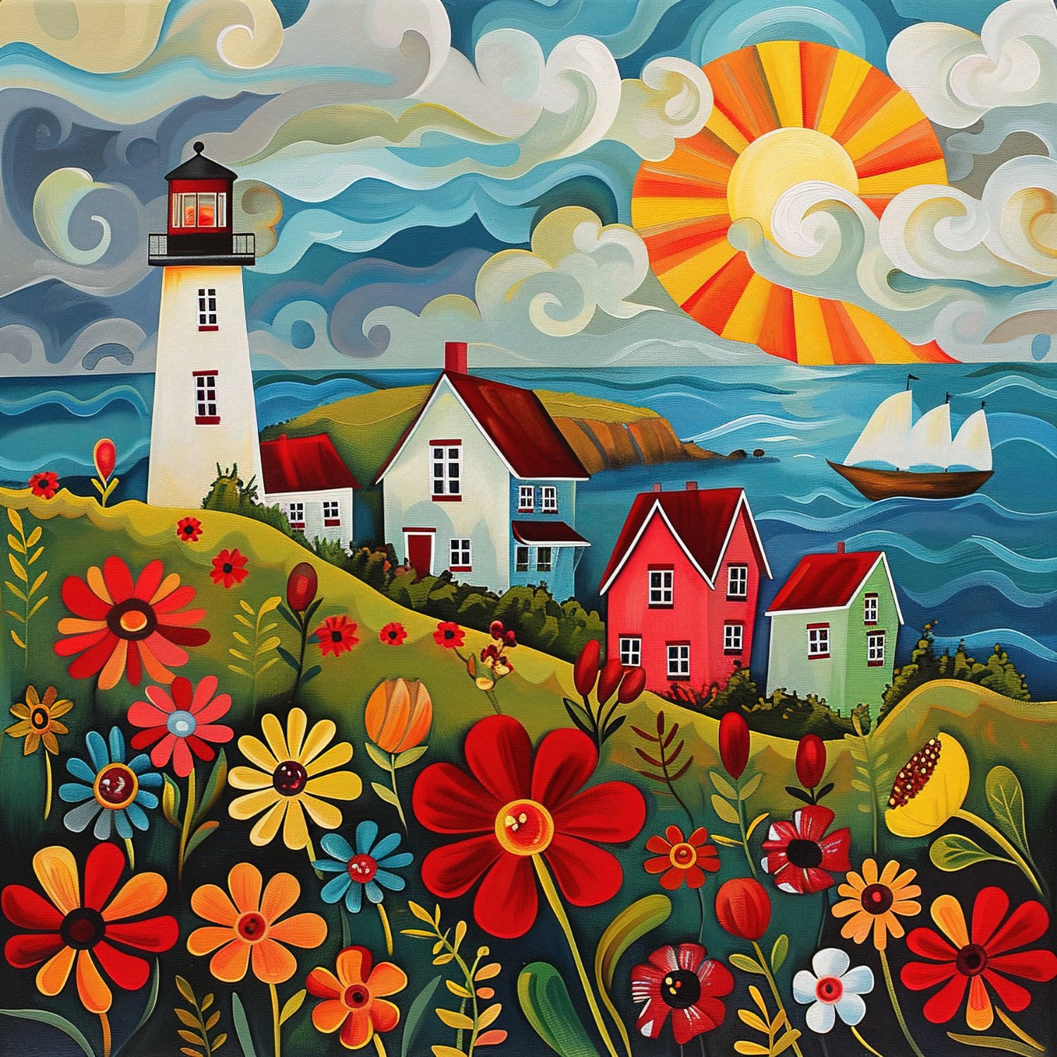 Solve Lighthouse Folk Art jigsaw puzzle online with 100 pieces