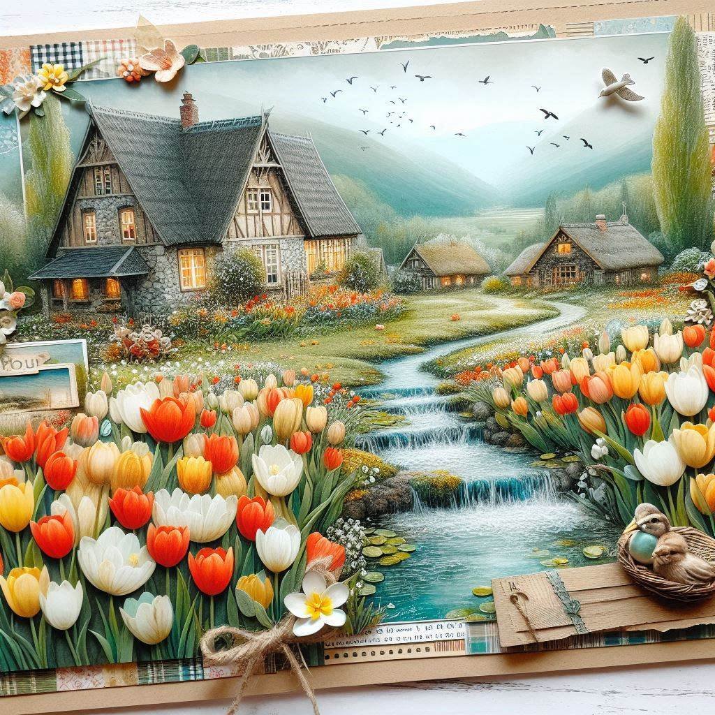 Jigsaw Puzzle | 64 pieces | Tulips by the brook | Jigidi
