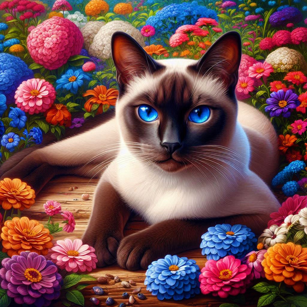 Solve Seymour the handsome Siamese cat enjoying the colorful flower ...