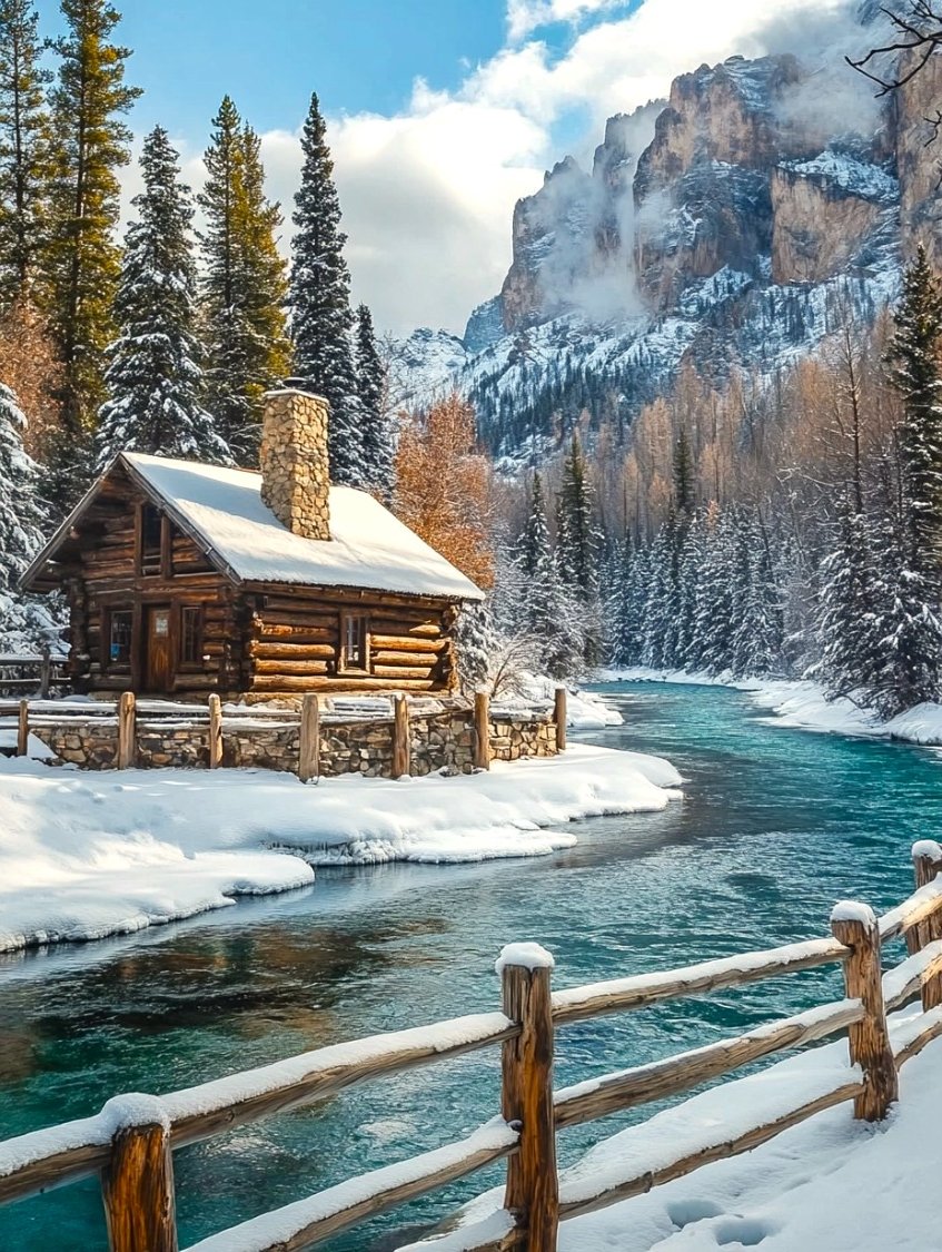 Solve Log Cabin Along the River.... jigsaw puzzle online with 20 pieces