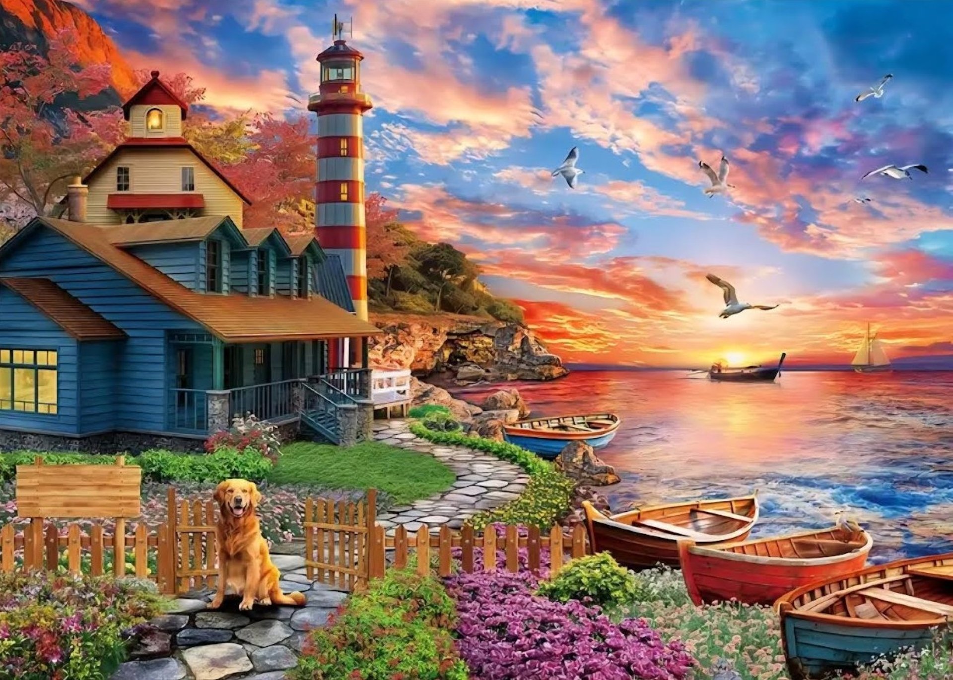 Solve Sunset at the Lighthouse jigsaw puzzle online with 88 pieces