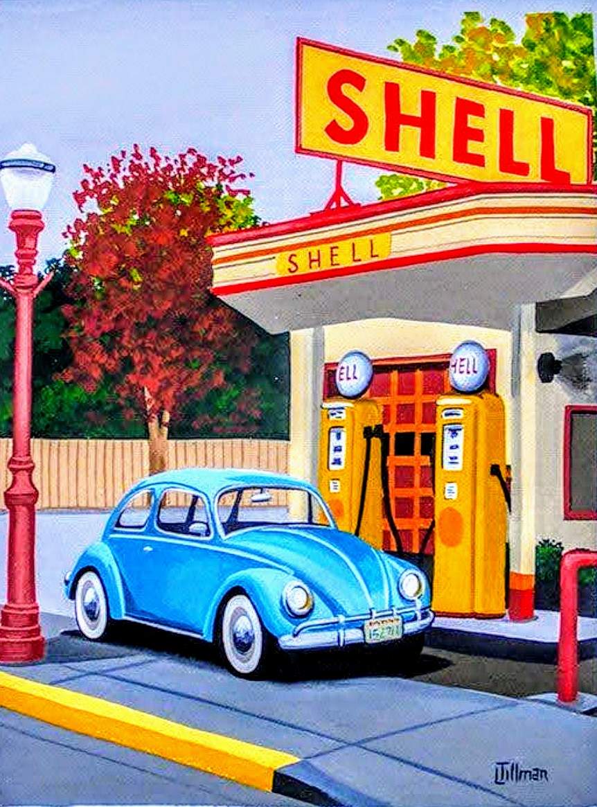 Solve Shell gas station art with cute VW bug... Bandit... jigsaw puzzle ...