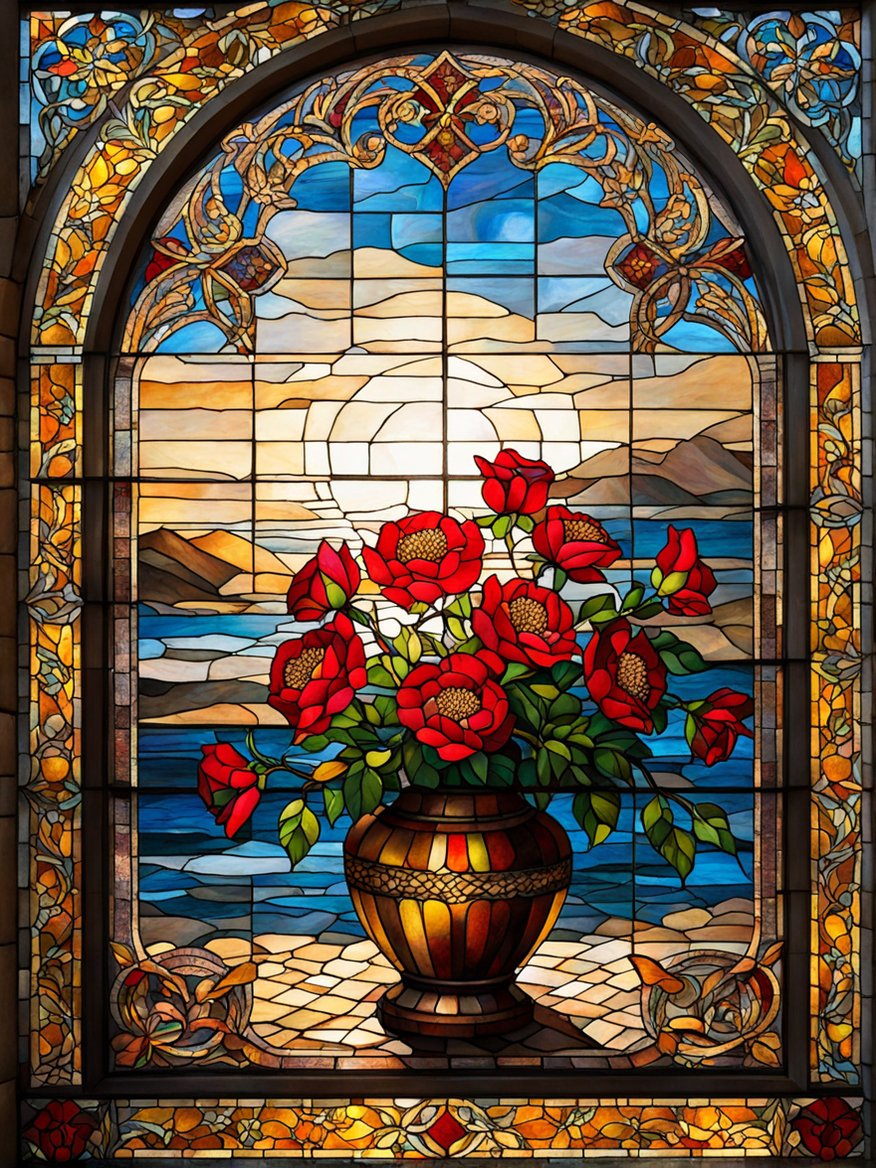 Solve Wild rose bouquet in stained glass jigsaw puzzle online with 63 ...